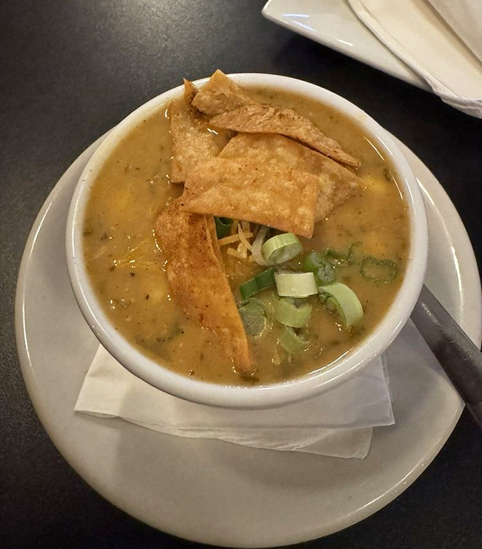 A bowl of golden chili topped with crispy tortilla strips and green onions &ndash; the kind of soul-warming dish that makes Pennsylvania winters bearable.