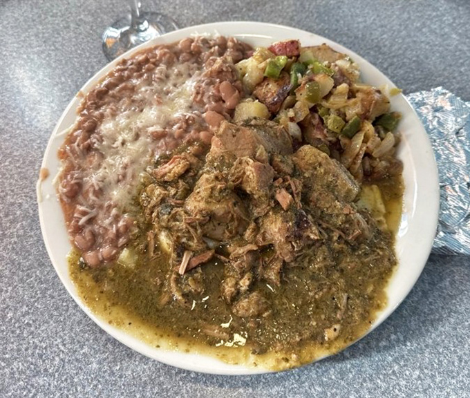 Chile verde that whispers tales of generations-old recipes. The pinto beans and tender pork create the kind of harmony that deserves its own Spotify playlist.