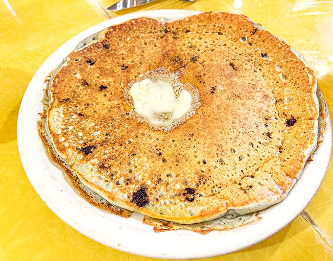 A pancake so perfectly golden it deserves its own Minnesota state flag. That melting butter in the center is performing a slow, delicious dance.