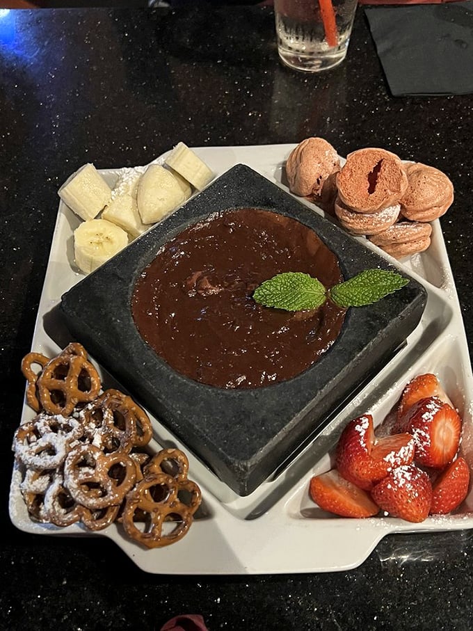 Chocolate fondue that makes you wonder why we don't end every meal by dipping things in melted chocolate.