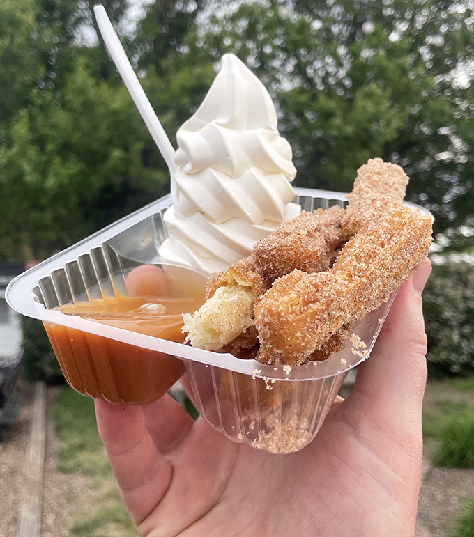 The ultimate dessert marriage: cinnamon-sugar churros meet vanilla soft-serve and caramel sauce in a union that would make Cupid himself reach for a spoon.