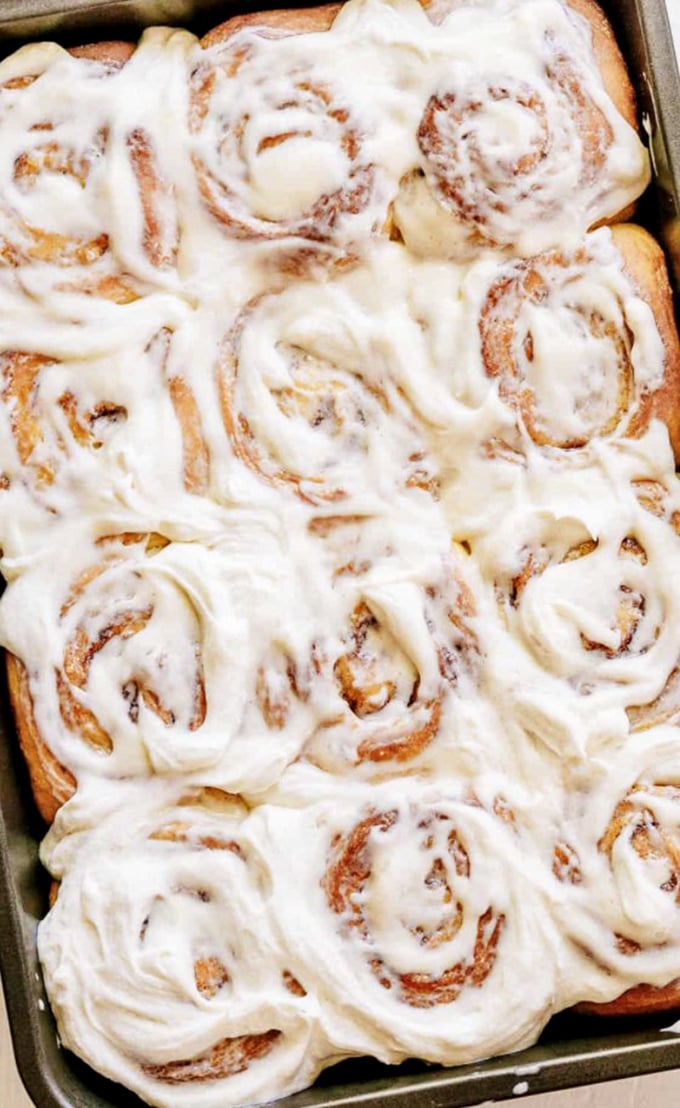 Cinnamon rolls the size of your face, frosted so generously you'll need to lick your fingers. Diet starts tomorrow.