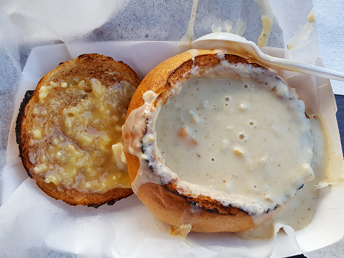 Clam chowder served in a bread bowl&mdash;the ultimate edible dishware innovation. Creamy, hearty, and when you're done with the soup, the real bonus round begins.