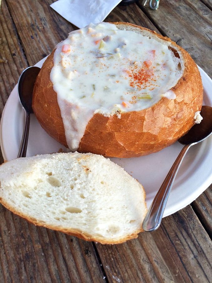 Clam chowder served in a sourdough bread bowl&mdash;nature's perfect dish-and-spoon combo that solves the eternal question: "Can I eat the container?"