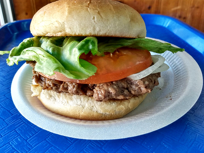 Simplicity perfected: a fresh burger with crisp lettuce, ripe tomato, and onion. In a world of complicated food trends, this clarity is refreshing.