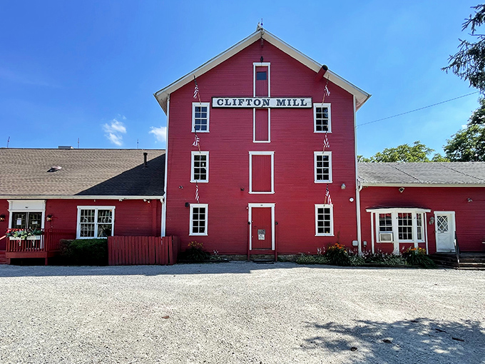 The iconic red Clifton Mill stands proudly against blue skies, a crimson beacon of heritage that's been grinding stories along with grain.
