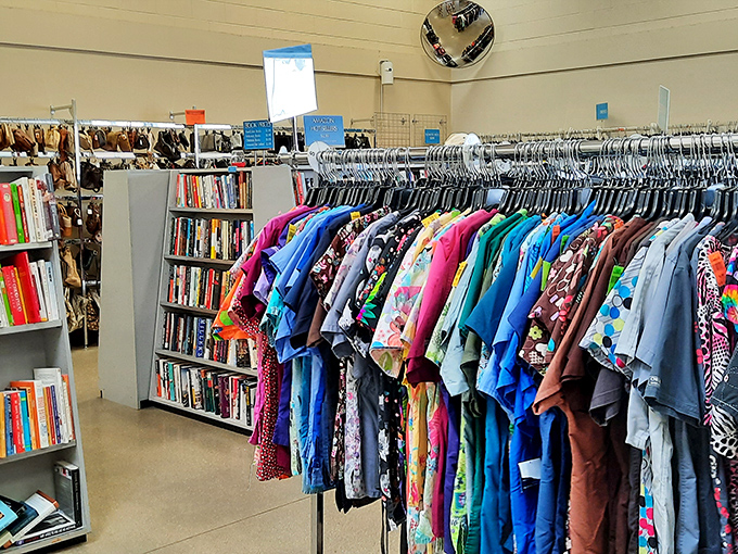 Books and clothing coexist in perfect harmony, like a library where you can find both the story and the outfit to match the main character.