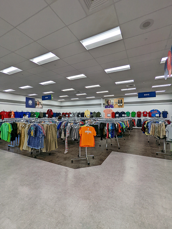 The men's section offers a rainbow of possibilities, from business casual to weekend wear, all arranged with surprising precision.