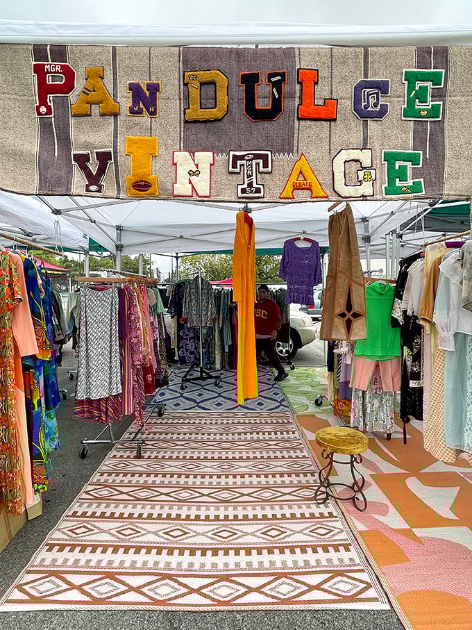 Vintage college letters spell out "Pandulce Vintage"&mdash;where yesterday's campus fashion becomes today's statement piece. Bell bottoms, anyone?