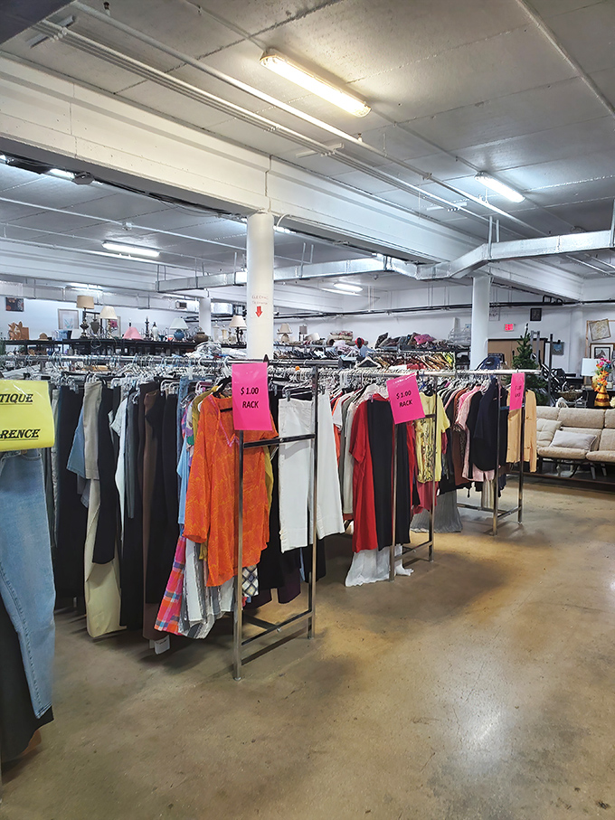 The "$1.00 RACK" sign is the thrift store equivalent of a siren song. These colorful garments are just waiting for their next adventure.