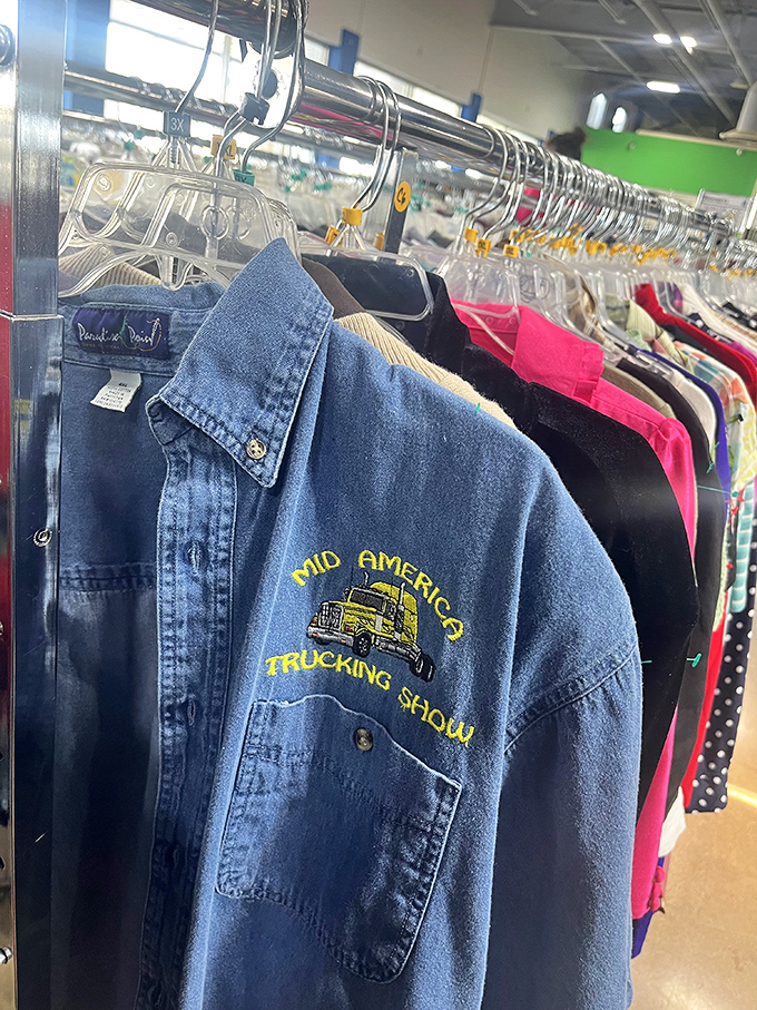 That embroidered "Mid America Trucking Show" denim shirt isn't just clothing—it's wearable Americana waiting for its ironic (or sincere) revival.