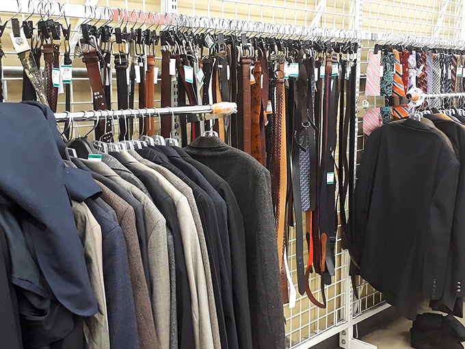 The accessories wall&mdash;where belts that have held up other people's pants now wait patiently for your loops.