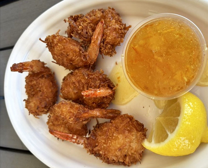 Coconut shrimp so perfectly golden they deserve their own trophy. That dipping sauce is practically begging for a skinny-dip session.