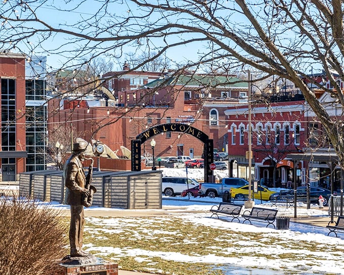 Coleman Hawkins Park honors St. Joseph's jazz legend with a statue that seems to play silent melodies to passersby in this brick-lined historic district.