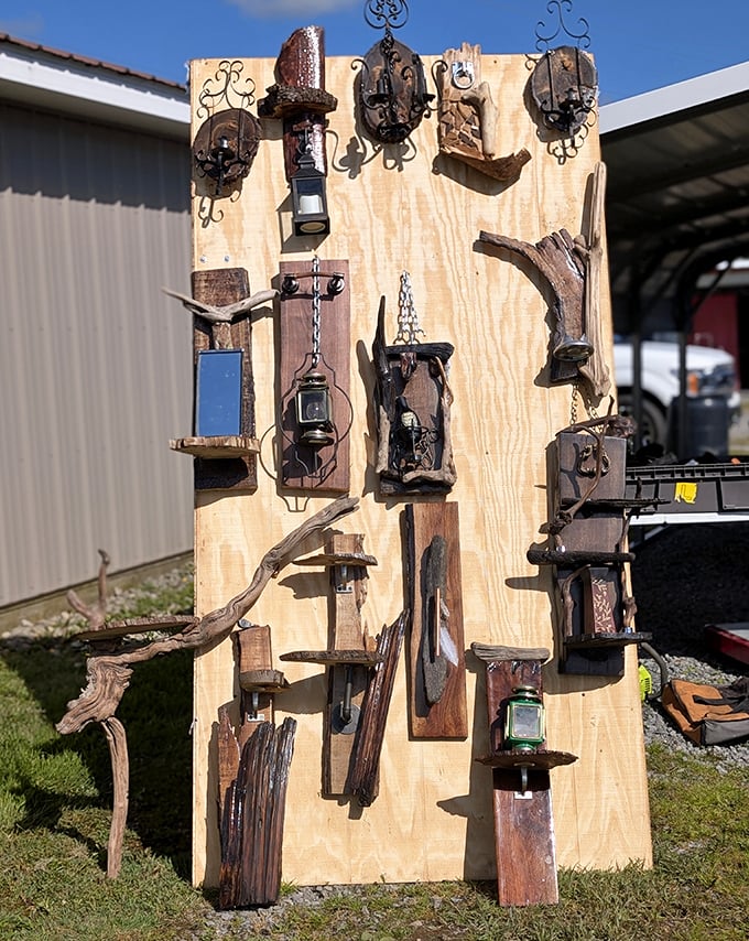 Rustic artistry on display where discarded wood and forgotten metal find new purpose. Someone's garage experiment becomes another's statement piece. 