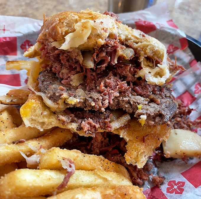 Corned beef and burger had a beautiful baby. This sandwich is what happens when St. Patrick's Day and the Fourth of July decide to collaborate.