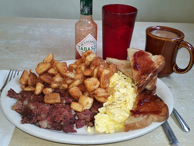 Breakfast of champions: corned beef hash, eggs, and toast—the holy trinity that's fueled generations of Pennsylvania mornings and cured countless Saturday night regrets.