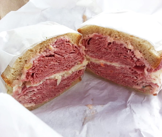 Meat meditation in sandwich form. This cross-section reveals the generous spirit of Koch's &ndash; where corned beef is measured in inches, not ounces.