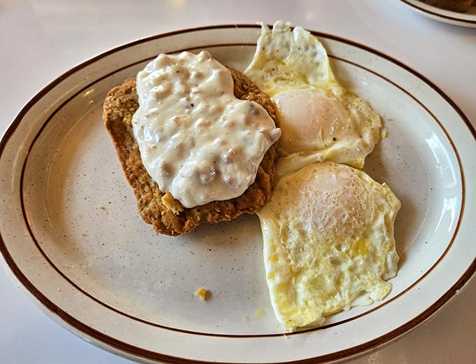 Country fried steak smothered in peppery gravy that your grandmother would approve of. The eggs alongside are just showing off.