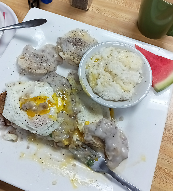 Country-fried steak smothered in that legendary gravy with a sunny-side egg &ndash; the breakfast of champions who plan to nap afterward.