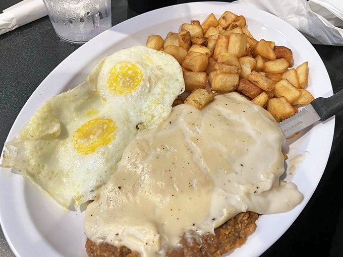 Country fried steak with gravy so good you'll consider drinking it like soup. The eggs and potatoes are just along for the glorious ride.