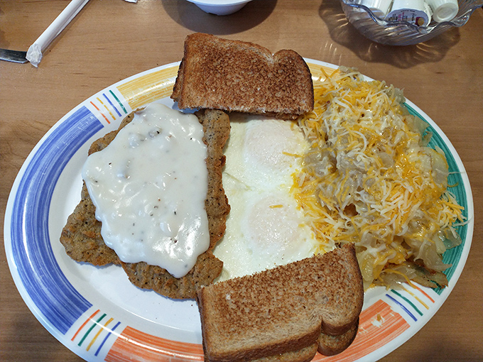 Country fried steak with gravy, eggs, and cheese-laden hash browns&mdash;the breakfast equivalent of hitting the comfort food jackpot.