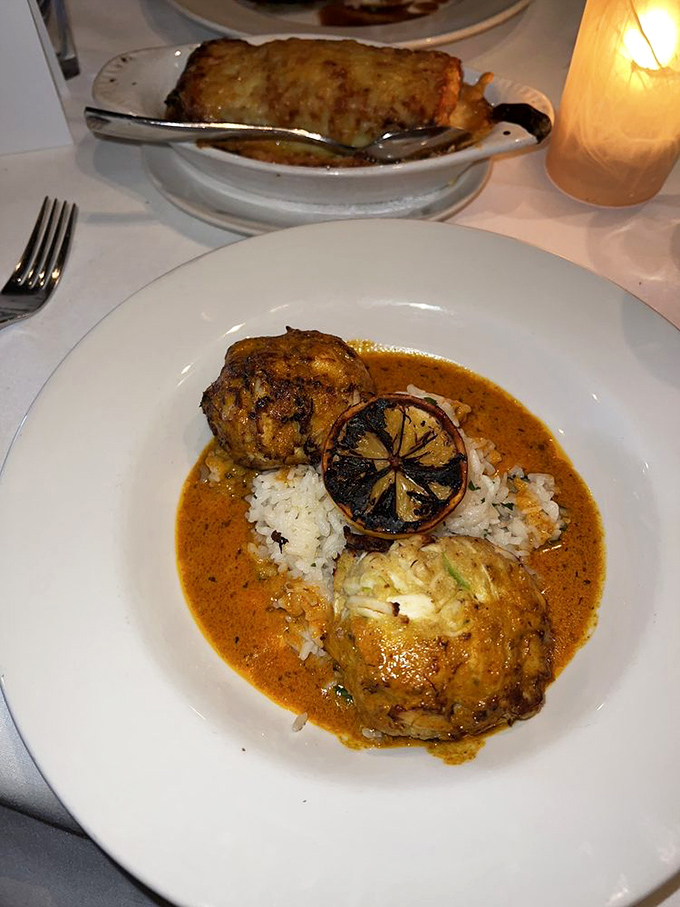 Crab cakes that actually taste like crab&mdash;what a concept! Served over rice with a sauce so good you'll consider drinking it directly.