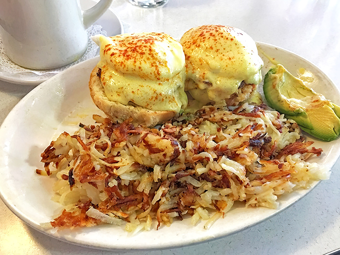 Eggs Benedict gets the California treatment with perfectly crispy hash browns and a slice of avocado that would make millennials weep with joy.