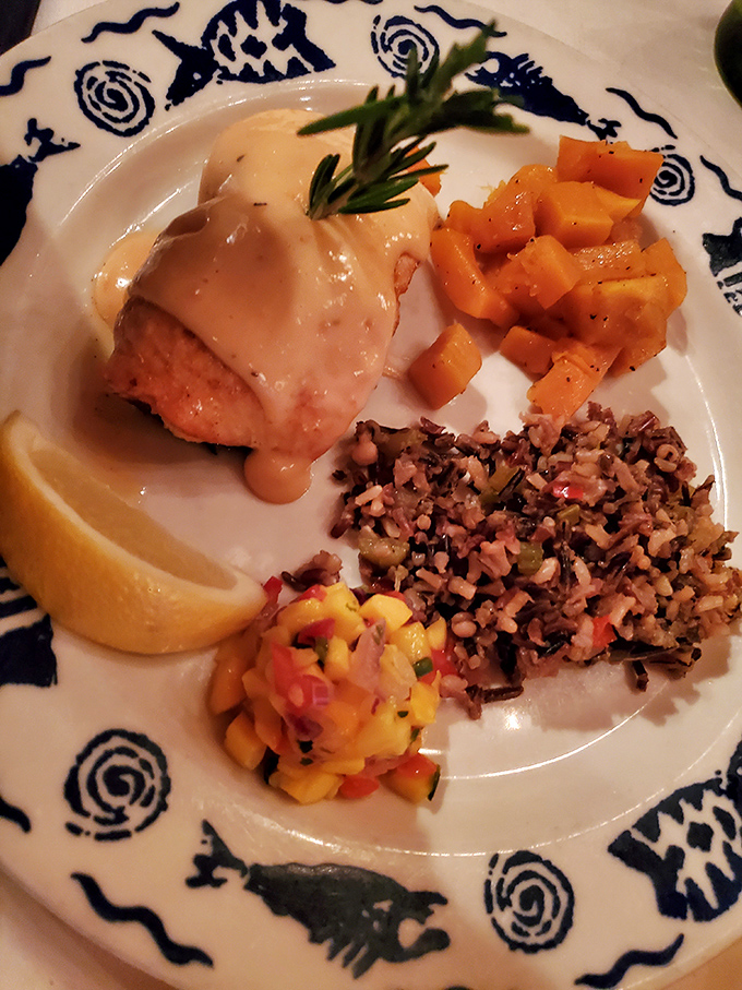 Seafood artistry that would make coastal restaurants jealous—salmon elevated with thoughtful accompaniments and a presentation worthy of its flavors.