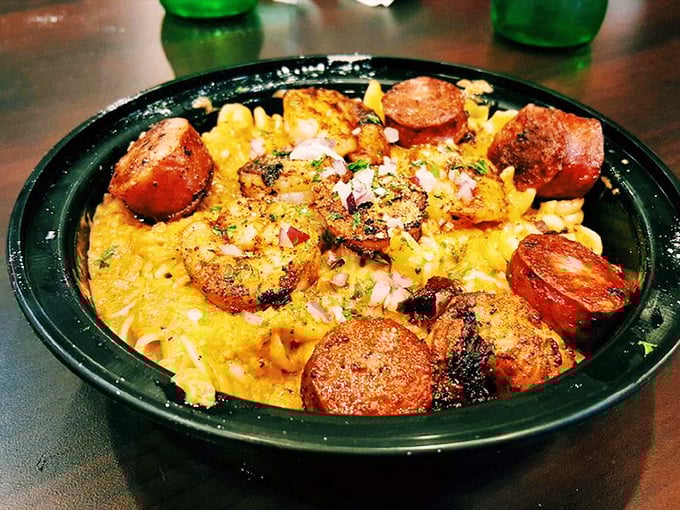 Mac and cheese gets the Cajun treatment with andouille sausage. Comfort food with a kick that'll have you scraping the bowl clean. 