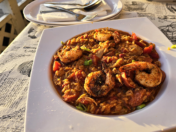 Jambalaya that tells a story with every bite&mdash;rice soaking up tomato-tinged broth while shrimp, sausage, and vegetables compete for your attention.