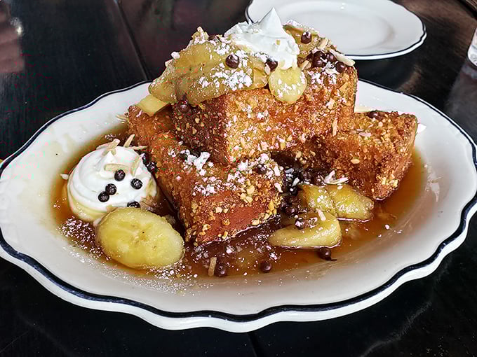 French toast that's basically breakfast dessert, complete with crunchy almond magic that'll make you swoon.