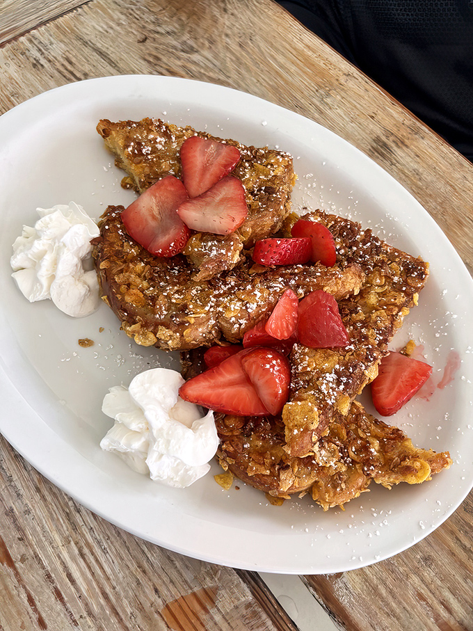 French toast that's crunchier than autumn leaves and twice as satisfying &ndash; breakfast perfection achieved with style.