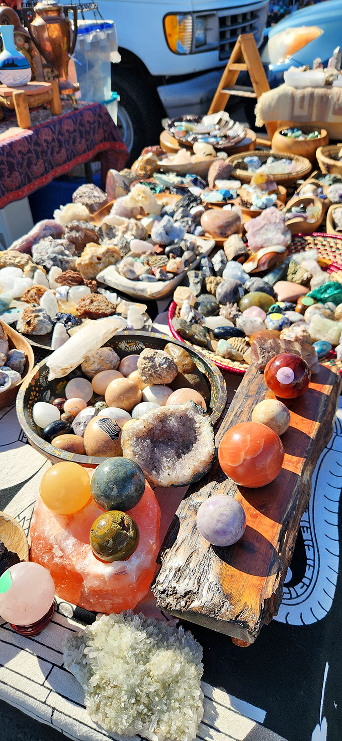 Nature's jewelry box spilled open, revealing geodes and crystals that somehow feel both ancient and perfectly suited for your modern bookshelf.