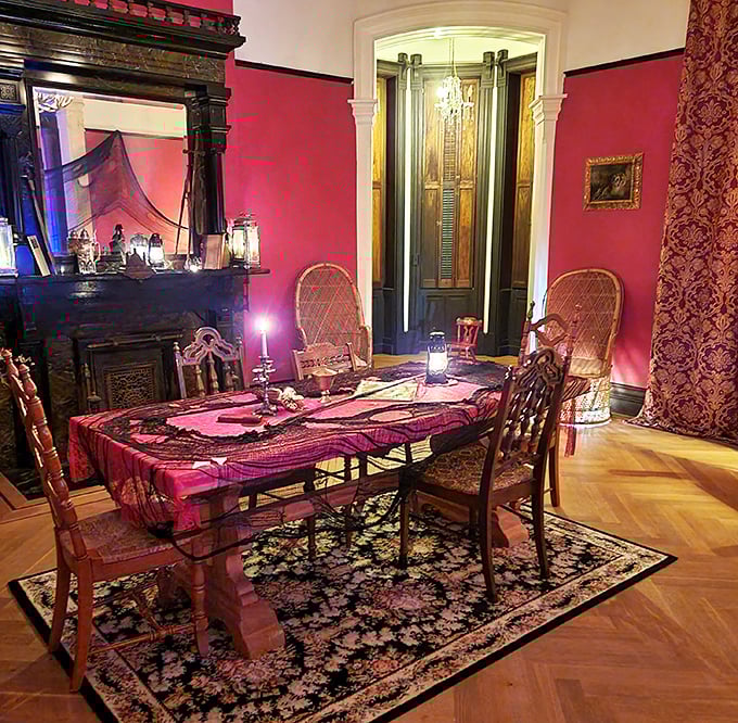 The dining room's crimson walls could tell tales of countless meals – and perhaps explain why some dinner guests never seemed to leave.