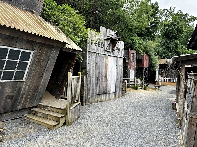 The "Feed & Grain" storefront leans precariously, as if knocked sideways by a passing dinosaur. Architectural whimsy at its finest!
