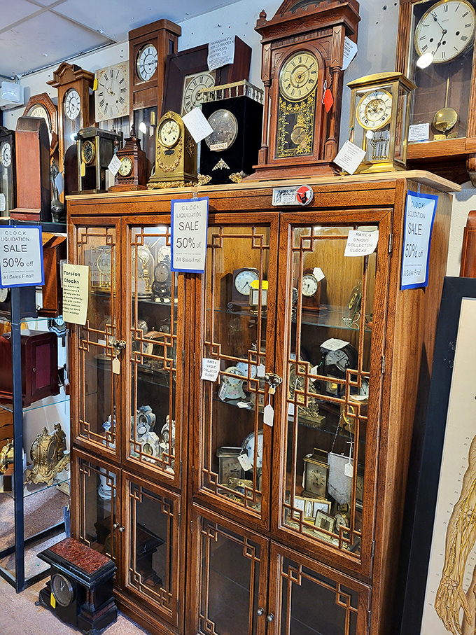 Asian-inspired cabinetry houses treasures behind geometric glass. Even the furniture that holds antiques has stories to tell.