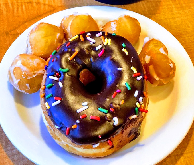 The chocolate sprinkle donut holds court among its glazed companions. Like the prom king surrounded by his court, it knows it's the center of attention.