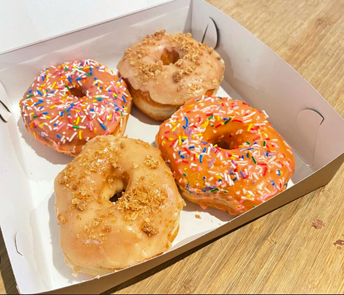 Donuts that don't apologize for being donuts. The sprinkled ones are practically wearing party hats, celebrating their inevitable journey to your stomach.