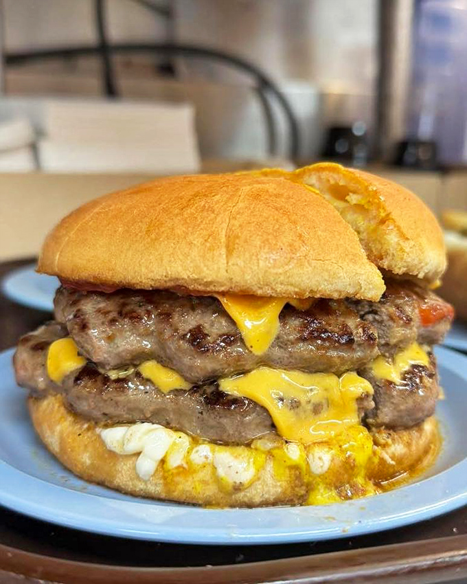 This double cheeseburger isn't messing around. Two hefty patties with cheese melting like lava – a beautiful sight indeed.