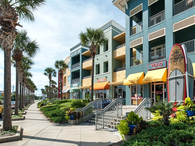 Colorful storefronts that look like they were designed by someone who really, really loves ice cream flavors. Delightfully Florida.