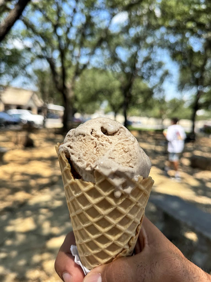 A waffle cone that deserves its own Instagram account. This isn't just ice cream&mdash;it's edible therapy after a long Texas day.