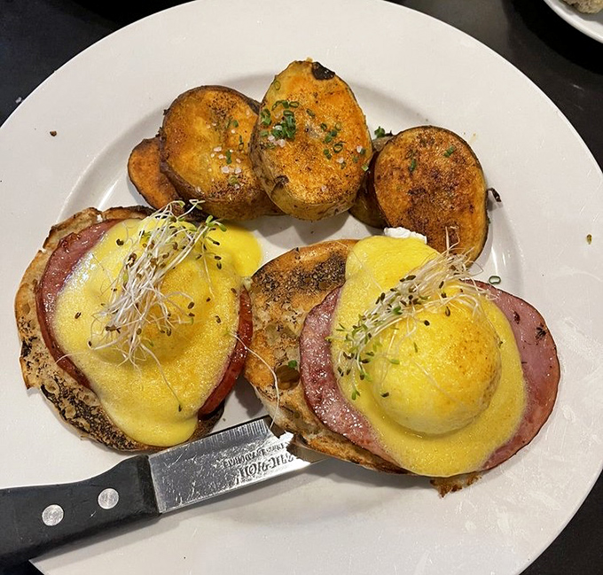 Eggs Benedict &ndash; where hollandaise meets Canadian bacon in a morning romance that's lasted longer than most Hollywood marriages. Those home fries are no mere supporting actors.