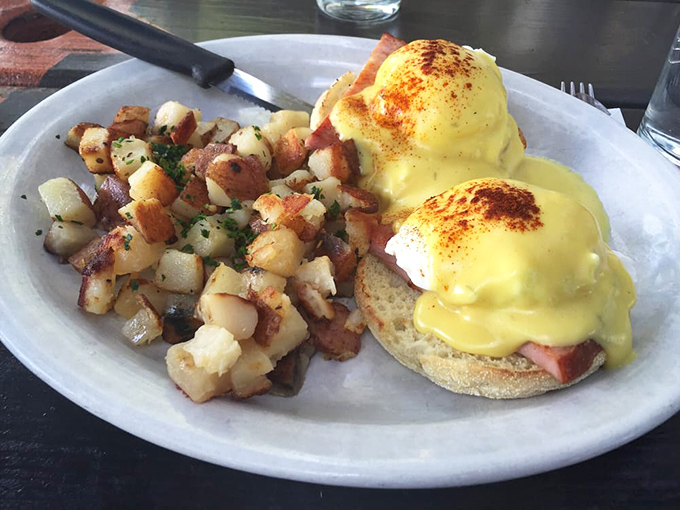 Eggs Benedict that would make the Pope jealous. Golden hollandaise drapes over Canadian bacon and English muffins like sunshine after Portland rain.