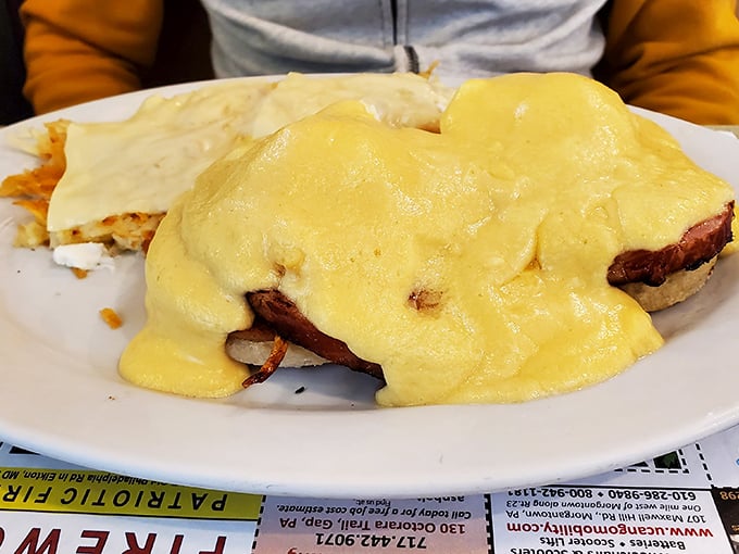 Hollandaise sauce cascading over eggs Benedict like a yellow waterfall of breakfast bliss. This is the morning indulgence that makes Monday bearable.