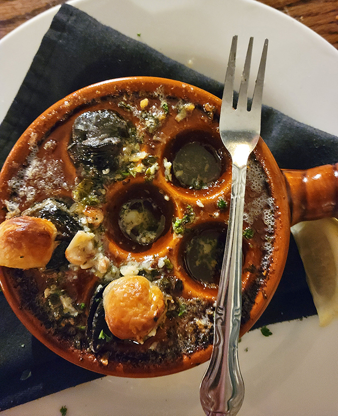 Escargot swimming in garlic butter, because sometimes you need to feel fancy in small-town Virginia.