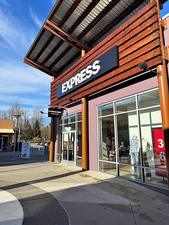 Express showcases its sleek, modern storefront beneath Pacific Northwest skies, tempting shoppers with workwear that won't work over your budget.