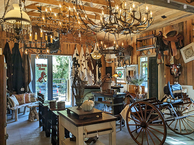 This rustic wonderland could furnish a Western movie set or your dream cabin&mdash;antler chandeliers included, cowboy spirit optional.