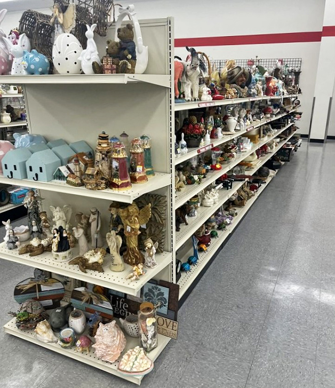 Ceramic creatures and coastal knickknacks stand at attention, ready for their second act. Marie Kondo's nightmare, decorator's dream!