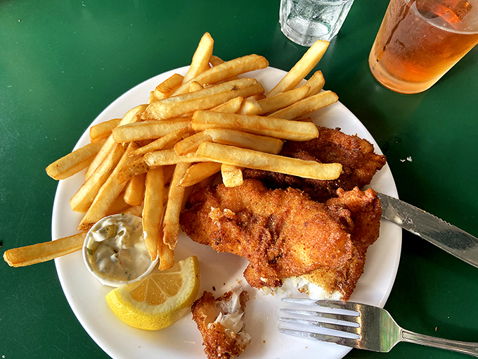 Fish and chips that would make a British pub jealous&mdash;golden armor protecting flaky white fish alongside fries that demand to be devoured.